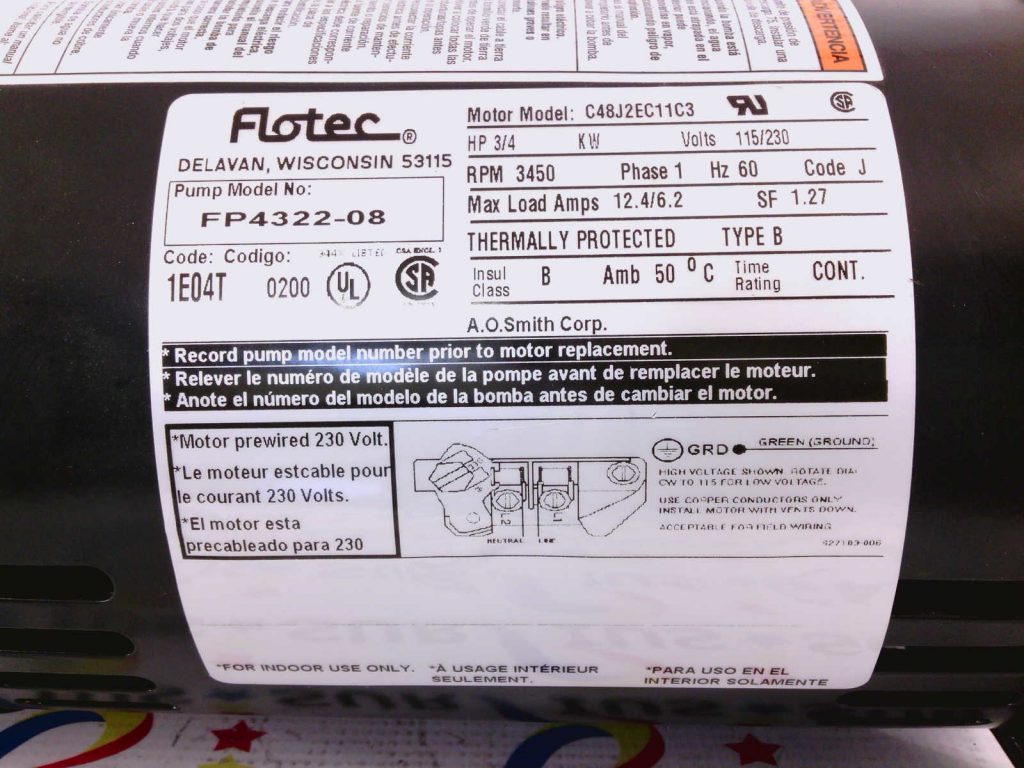 A.O. Smith Flotec A100DL Electric Pump Motor C4J2EC11C3 3/4 HP J218-590 ...