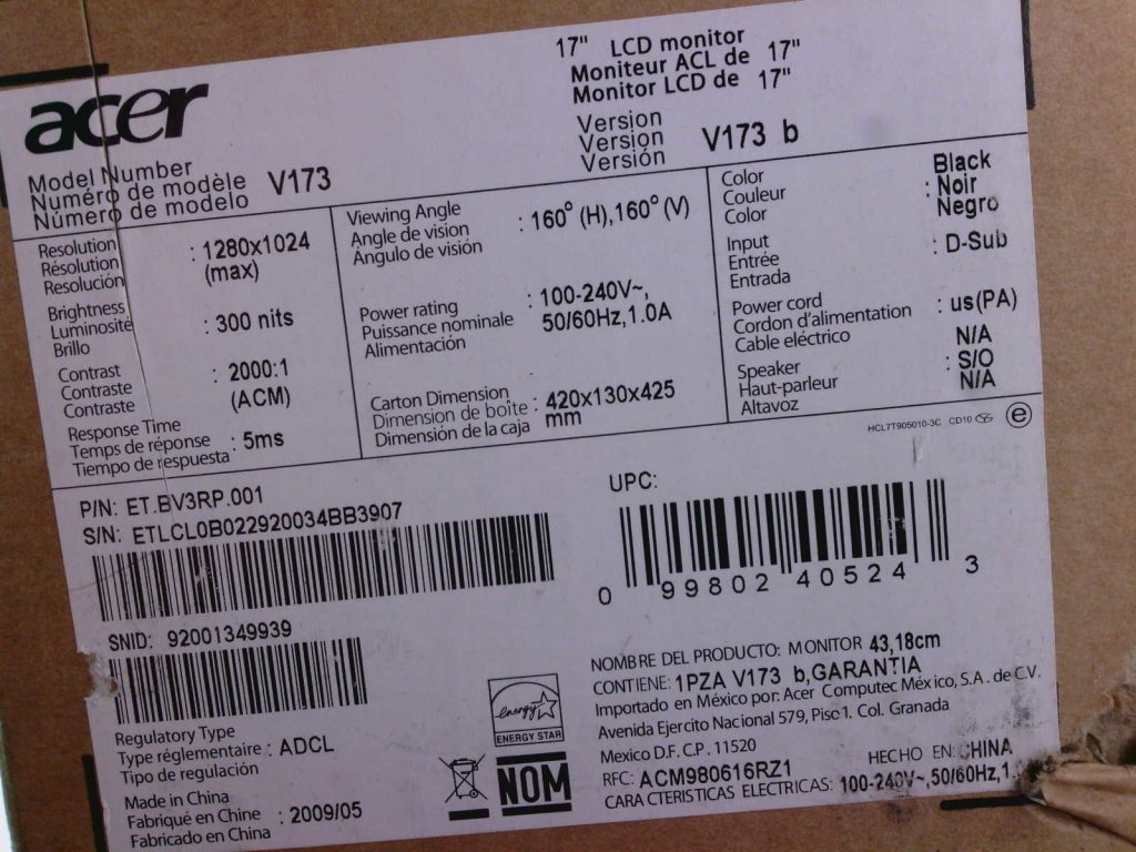 Acer V173 PC Computer LCD Monitor Display 17" Inch - Surpius