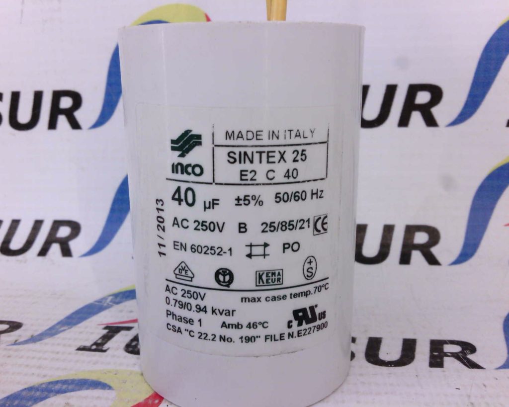 INCO Sintex 25 E2 C 40 1Ph 50/60Hz Capacitor 40uF 250V AC - Surpius